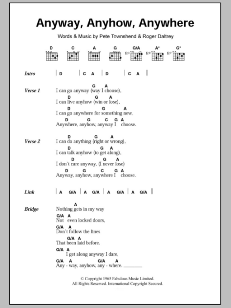 Anyway, Anyhow, Anywhere - Guitar Chords/Lyrics | zZounds
